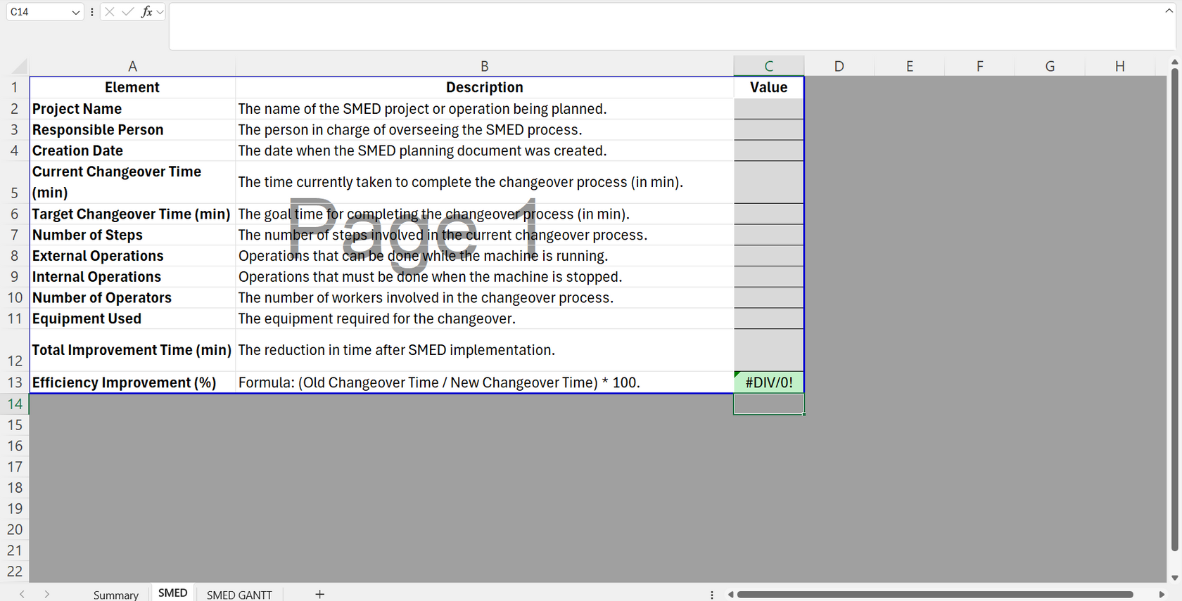 SMED Excel Method Template - Manage Series Changes