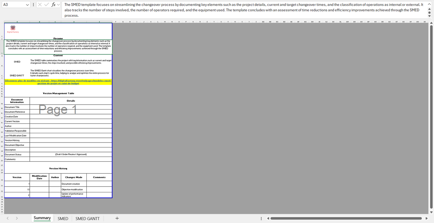 SMED Excel Method Template - Manage Series Changes