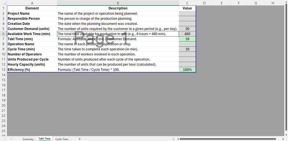 Excel Gantt Template: Takt Time and Cycle Time Calculation